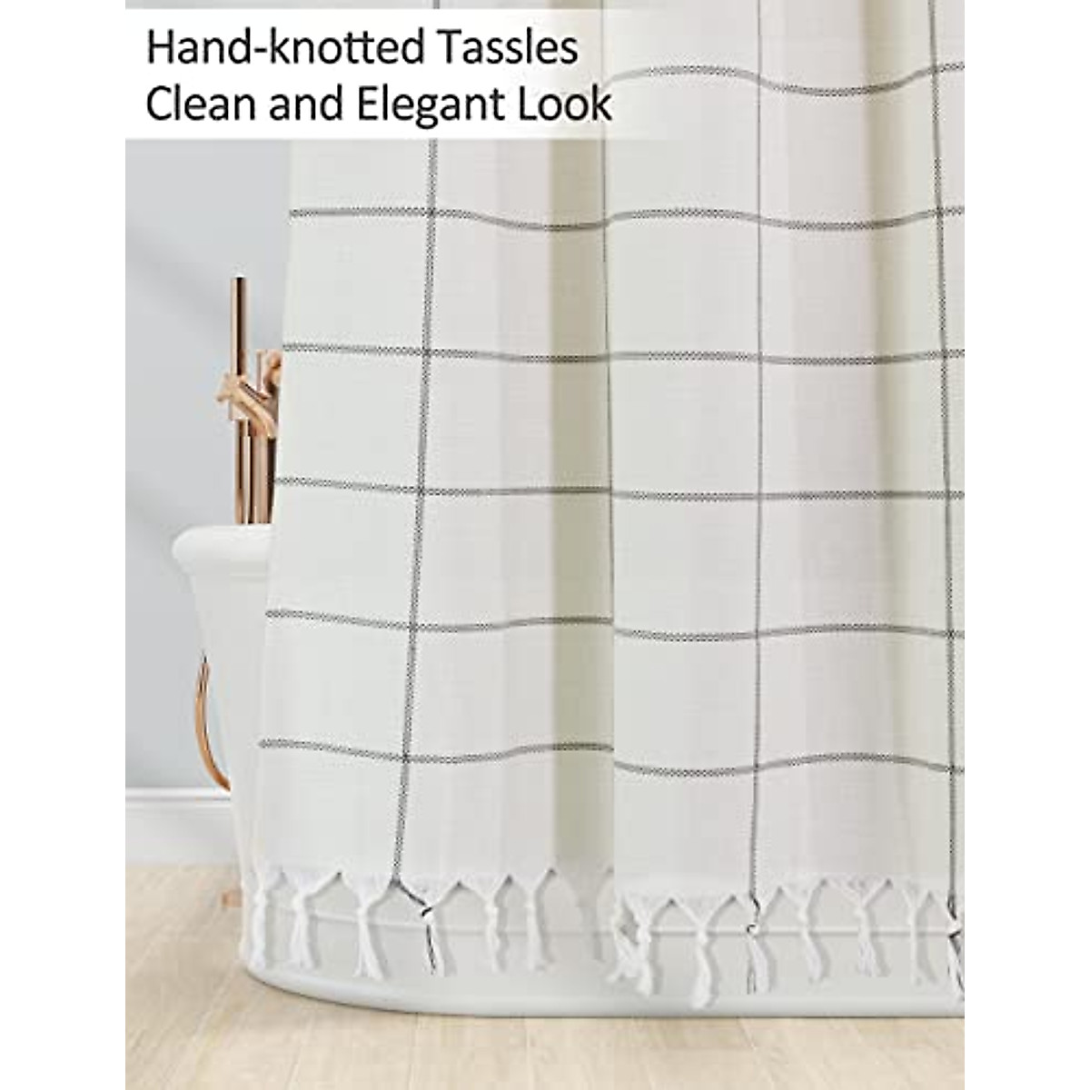SUMGAR Cotton Shower Curtain Boho Farmhouse Shower Curtains for Bathroom with Tassels & Hooks, White Fabric Grey Checkered Bohemian Fringe Shower Curtain Set, 72" x 72"