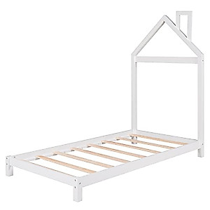 Twin Bed Frame/Kids Bed Frames with Headboard and Slats, Wood Platform Bed with House Shaped Headboard, Twin Size Bed for Kids, Boys, Girls, No Box Spring Needed(White)