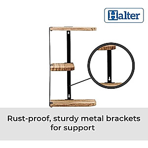Halter Floating Corner Shelves, Wall Mounted Corner Shelves, Hanging Shelves, Floating Corner Shelves with Metal Brackets for Bathroom, Bedroom, Bookshelves and More, 3 Tier, Brown Wood