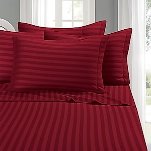 Cotton California King Size Sheets, 4 Piece Set, Deep Pocket up to 16", Sheet & Pillowcase, Hotel Bed Sheet, Breathable & Cooling, Wrinkle Free, Extra Soft, Easy Fit(Striped,Burgundy,California King)