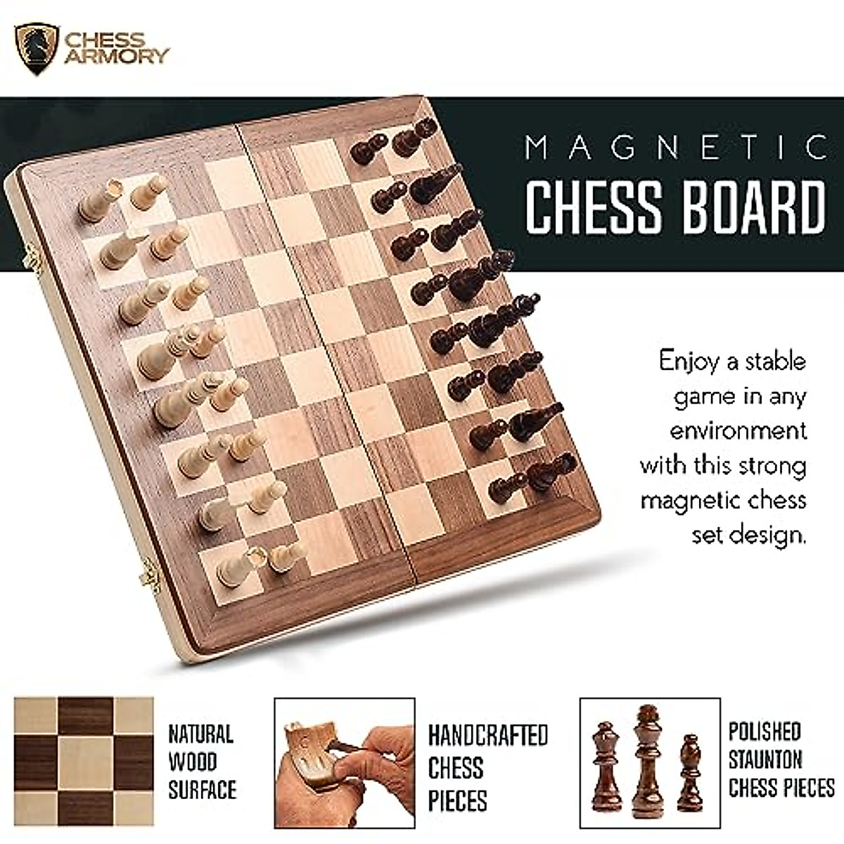 Chess Armory Magnetic Wooden Chess Set with Free Online Chess Course - 15 Inch Portable Travel Chess Board Game for Adults and Kids - Home Use and Educational Chess School and Chess Club Tournaments