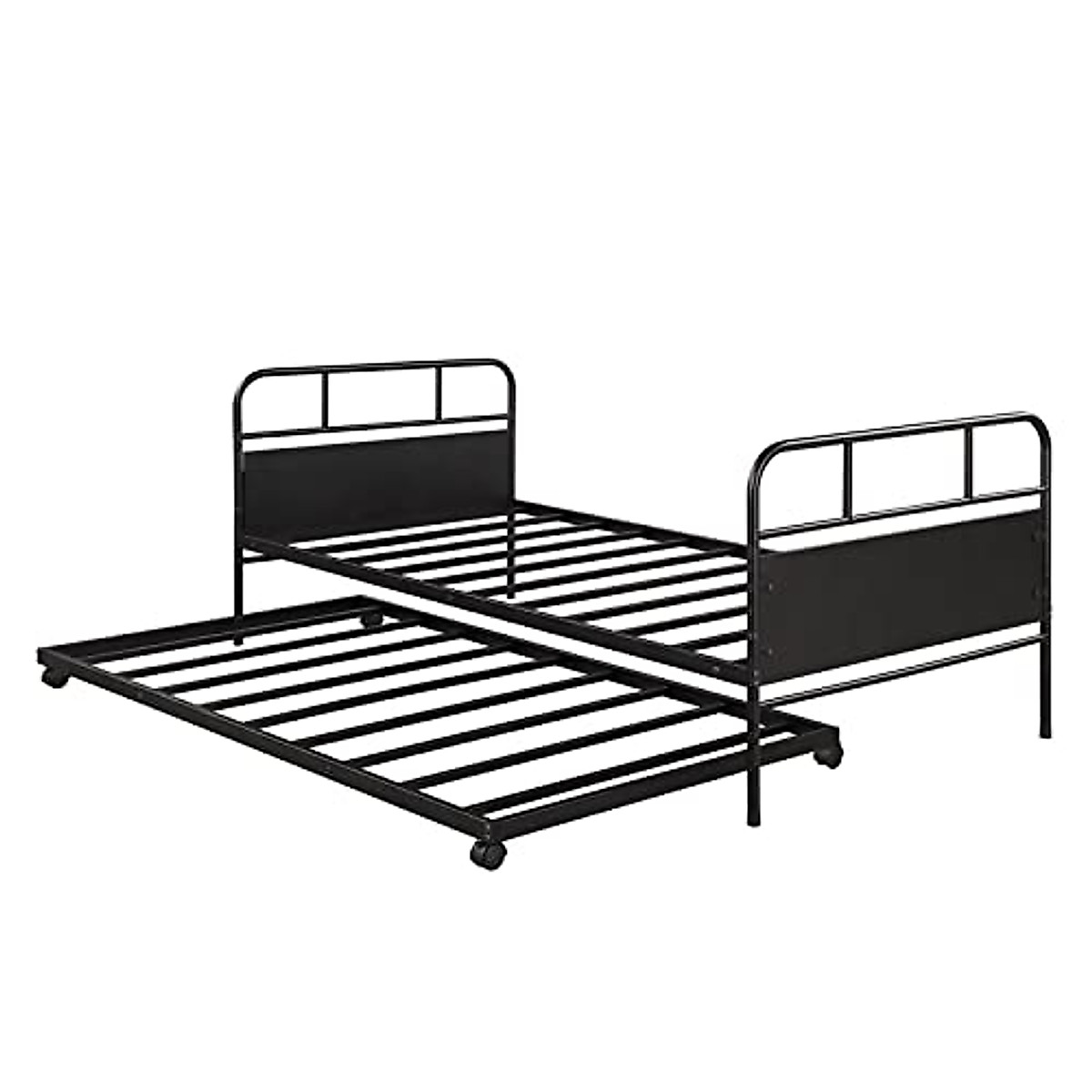 Epinki Metal Daybed Platform Bed Frame with Trundle Built-in Casters, Twin Size, Black, Easy Assembly