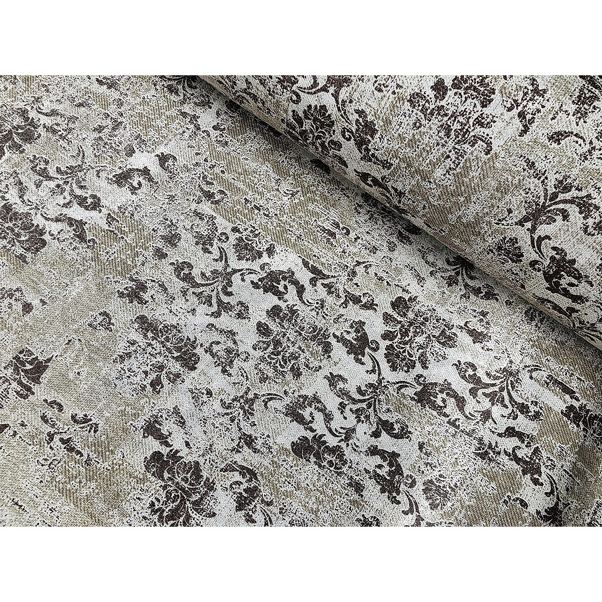 Antique Vintage Damask Print Fabric Baroque Material for Curtains Upholstery Dressmaking - 55'' Wide - Brown & Cream Canvas (Sold by The Yard)