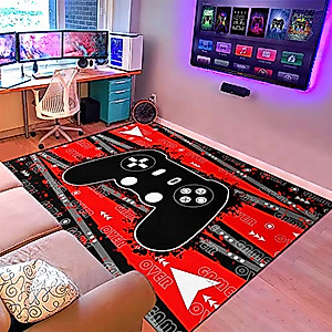 Jiospet Gamer Area Rug Gaming Rugs for Gaming Room Game Rugs for Boys Bedroom Living Room Playroom Floor Mats for Indoor Outdoor, Red Black, 4'×5'