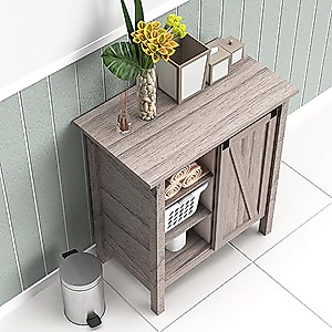 Landia Home Farmhouse Coffee Bar Cabinet with Sliding Barn Door, Accent Cabinet with 3 Tiers Shelves, Cabinet for Entryway, Living Room, Bathroom, and Kitchen, Grey