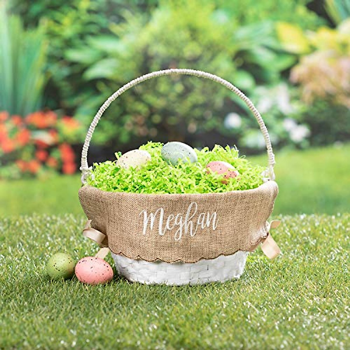 Personalized Easter Egg Basket with Handle and Custom Name in White Script | Scallop Edge Burlap Easter Basket Liners | White Basket | Woven Easter Baskets for Kids Adults | Customized Easter Basket