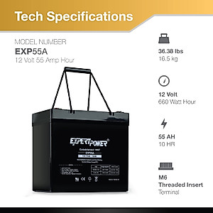 ExpertPower 12 Volt 55 Amp Deep Cycle Sealed Lead Acid Wheelchair Medical Mobility Rechargeable Battery [EXP12500]