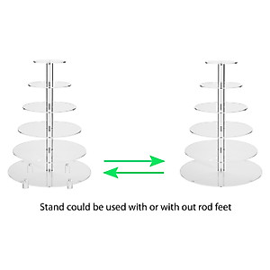Jusalpha® Large 6-Tier Acrylic Glass Round Wedding Cake Stand- Cupcake Stand Tower/Dessert Stand- Pastry Serving Platter- Food Display Stand (Large with Rod Feet) (6RF)