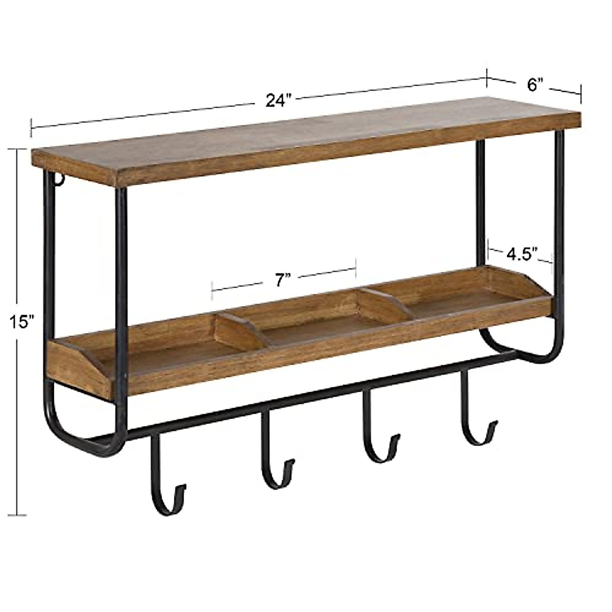 Kate and Laurel Oddell Farmhouse Wall Shelf with Hooks, 24 x 6 x 15, Rustic Brown, Modern Decorative Two-Tier Shelf