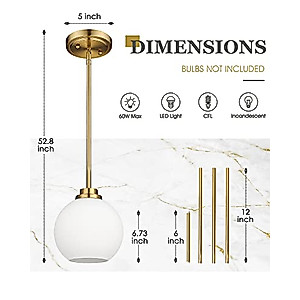 Audickic Farmhouse Gold Pendant Light Fixtures, Pendant Lights Kitchen Island with Milk Glass Globe Shade, Farmhouse Hanging Pendant Light for Dining Room Entryway, AD-22280-1P-GD-W