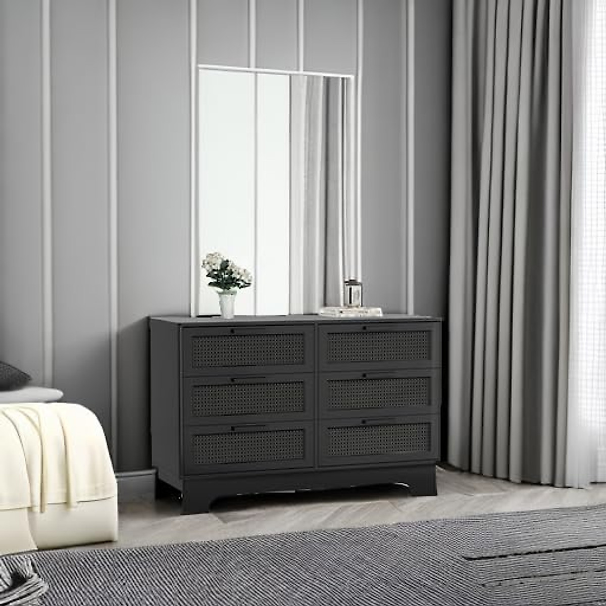 Anmytek Black Rattan 6 Drawer Dresser for Bedroom, Wood Dressers for Bedroom, Natural Wood Storage Wide Dressers & Chests of Drawers Large Storage Cabinet for Closet, Bedroom and Entryway, H0110