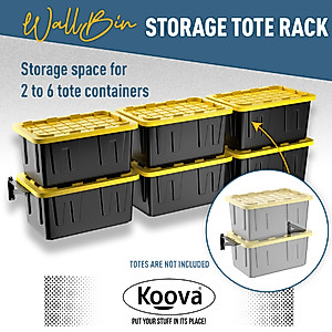 Koova Wall Mounted Tote Rack Storage System, Fits 27-Gallon Black and Yellow Commander Style Bins, Wall Mount Bracket Shelves for Garage Organization, Heavy Duty Steel, Made in USA (2-Piece Set)