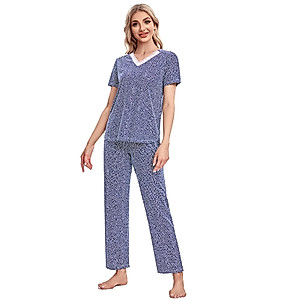 IZZY + TOBY Cotton Pajama Sets, Soft Sleepwear Pjs Set for Women, Summer Pj Short Sleeve Top and Long Pants, Casual Loungewear Ladies Pajamas Navy