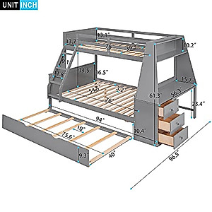 Twin Over Full Bunk Bed with Desk and Trundle, Wooden Bunk Beds Twin over Full Size with Storage Drawers and Shelf ,Storage Bunk Beds with Ladder & Guardrails for Kids Girls Boys ,Grey