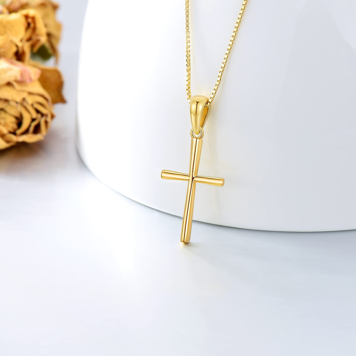 SISGEM 14k Gold Cross Pendant and Box Chain Necklace for Women, Baptism Jewelry Confirmation Gifts for Her, 18 inch