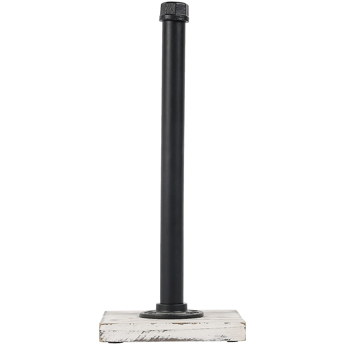 MyGift Industrial Black Metal Pipe Paper Towel Holder Countertop Bathroom Paper Towel Holder Stand with Vintage White Solid Wood Base