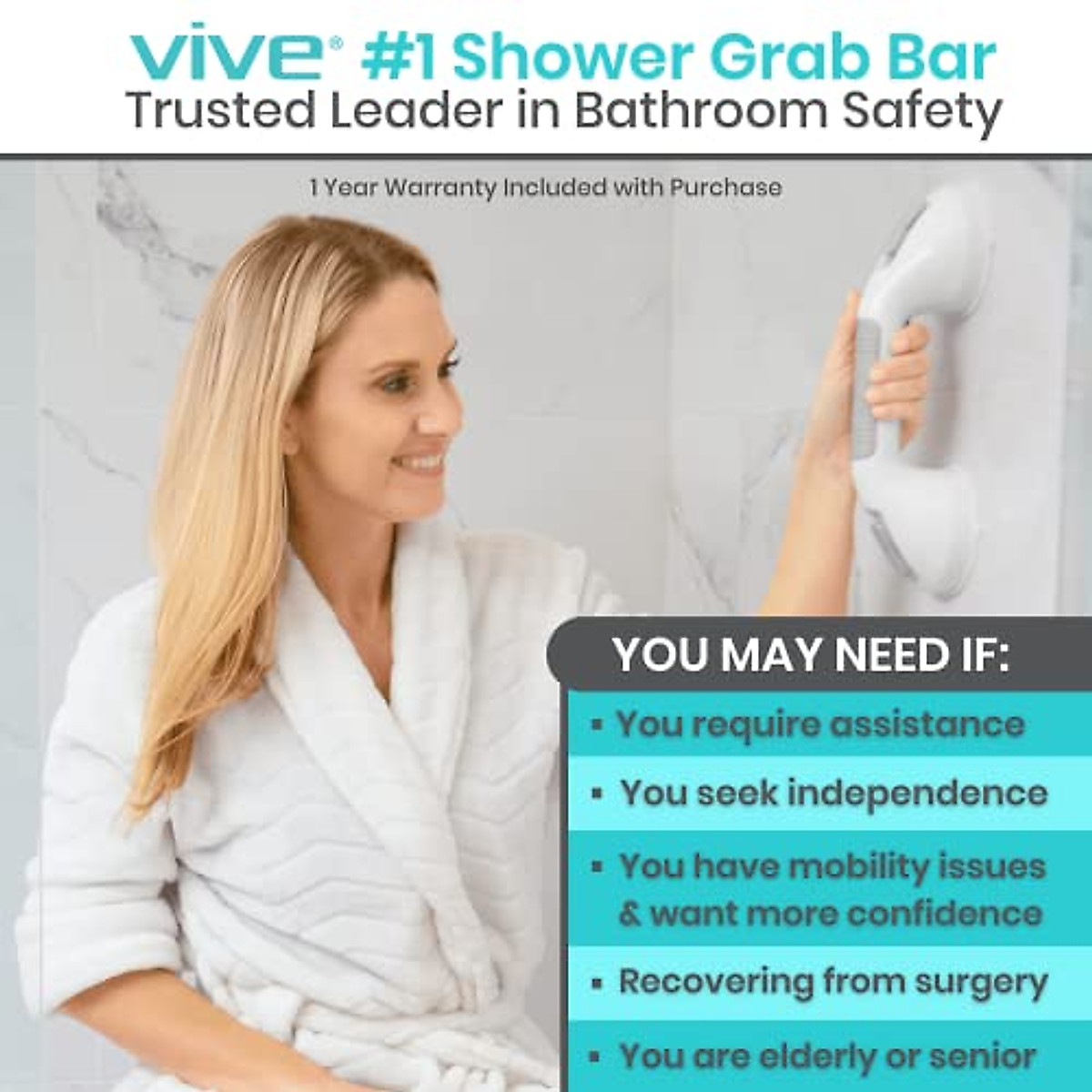 Vive Shower Grab Bar - Strong Suction Cup Handle for Bathtubs and Showers - Bathroom Accessories Safety Hand Rail- Support for Tub, Handicap, Elderly, Injury, Kid, Senior Assist Bath, Non Skid (11.5")