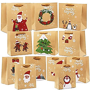 Lulu Home 24 Pcs Christmas Kraft Gift Bags with Handles, Kraft Bags with Assorted Christmas Prints, Christmas Gift Bags Large, Medium and Small for Packing