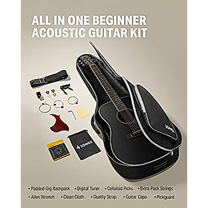 Donner 41'' Full Size Acoustic Guitar - Complete Beginner Kit for Adults, Teens with Free Online Lesson, Dreadnought Acustica Guitarra Bundle Set with Gig Bag, Strap, Tuner, Pickguard, Black DAG-1B
