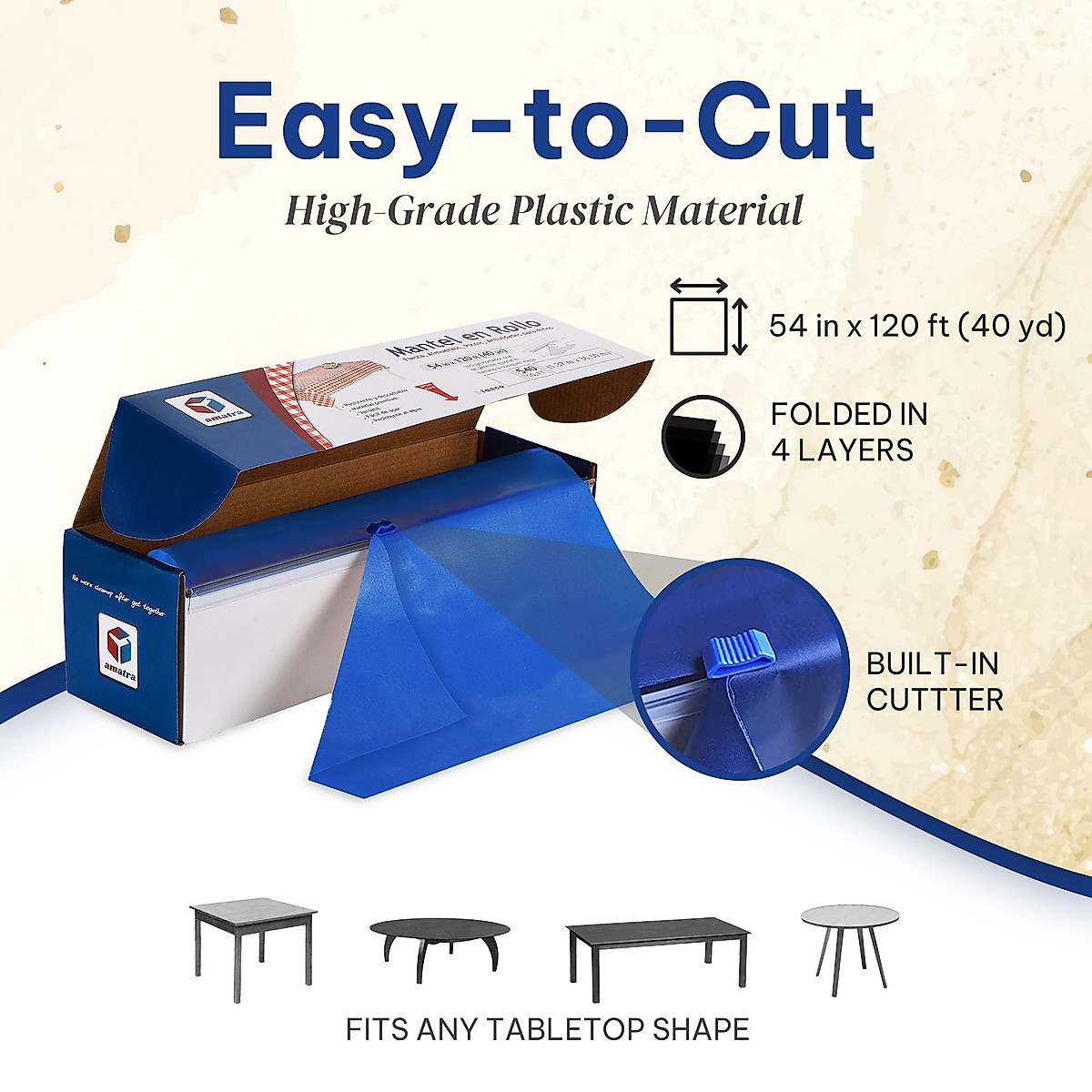 Amatra All-Purpose Plastic Table Cover Roll with Self-Cutter, Alternative to Regular Tablecloth, Disposable Table Cover, Plastic Table Cloth, 54 inches x 120 feet (40 Yards), Blue
