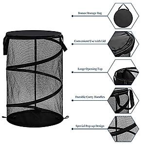 Mesh Collapsible Laundry Hamper with Lid, Large Clothing Storage Bucket with Handles,Dirty Clothes Storage Basket for The Kids Room, College Dorm or Travel (1PCS, Black)