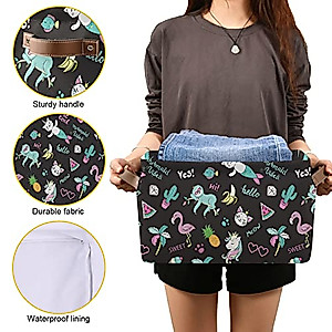 Large Foldable Storage Basket Unicorn Flamingo Toucan Cat Storage Bin Canvas Toys Box Fabric Decorative Collapsible Organizer Bag with Handles for Bedroom Home