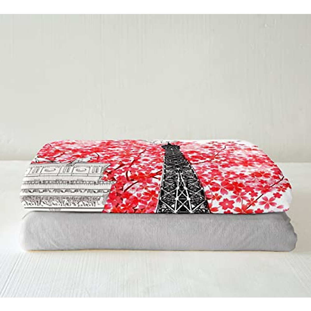 Eiffel Tower Blanket Red Cherry Blossom Fleece Blanket Girls Women Romantic City Building of Paris Throw Blanket Butterfly Flowers Leaning Tower of Pisa Fuzzy Blanket Paris Themed Sofa Decor 40"x50"