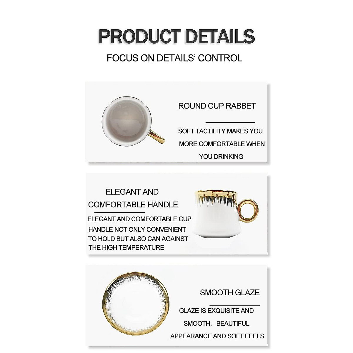 TGTAKDS Turkish Coffee Cup Set of 6 Demitasse Cups(3oz) with Golden Trim and Gift Box Espresso Cups with Saucer Sets for Festival Present