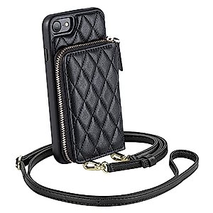 LAMEEKU Wallet Case Compatible with iPhone iPhone SE 2022 5G, iPhone 8 Case Wallet iPhone 7 Quilted Leather Card Holder with Crossbody Strap Wirstlet Shockproof Case for iPhone 8/7/SE 4.7"-Black