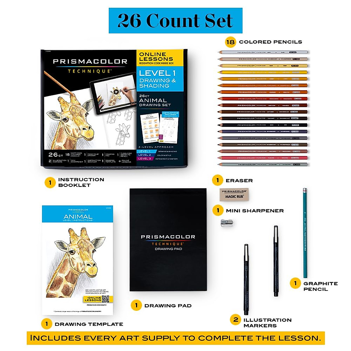 Prismacolor Technique, Art Supplies with Digital Art Lessons, Animal Drawings Set, Level 1, How to Draw Animals with Colored Pencils, Graphite Pencils, and More, Fox Drawing Lesson, 26 Count