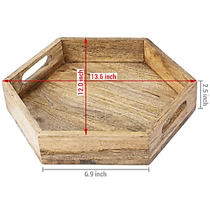 MyGift Decorative Serving Tray, 13 Inch Modern Solid Mango Wood Hexagonal Shaped Coffee Table Tray with Cutout Handles - Handcrafted in India