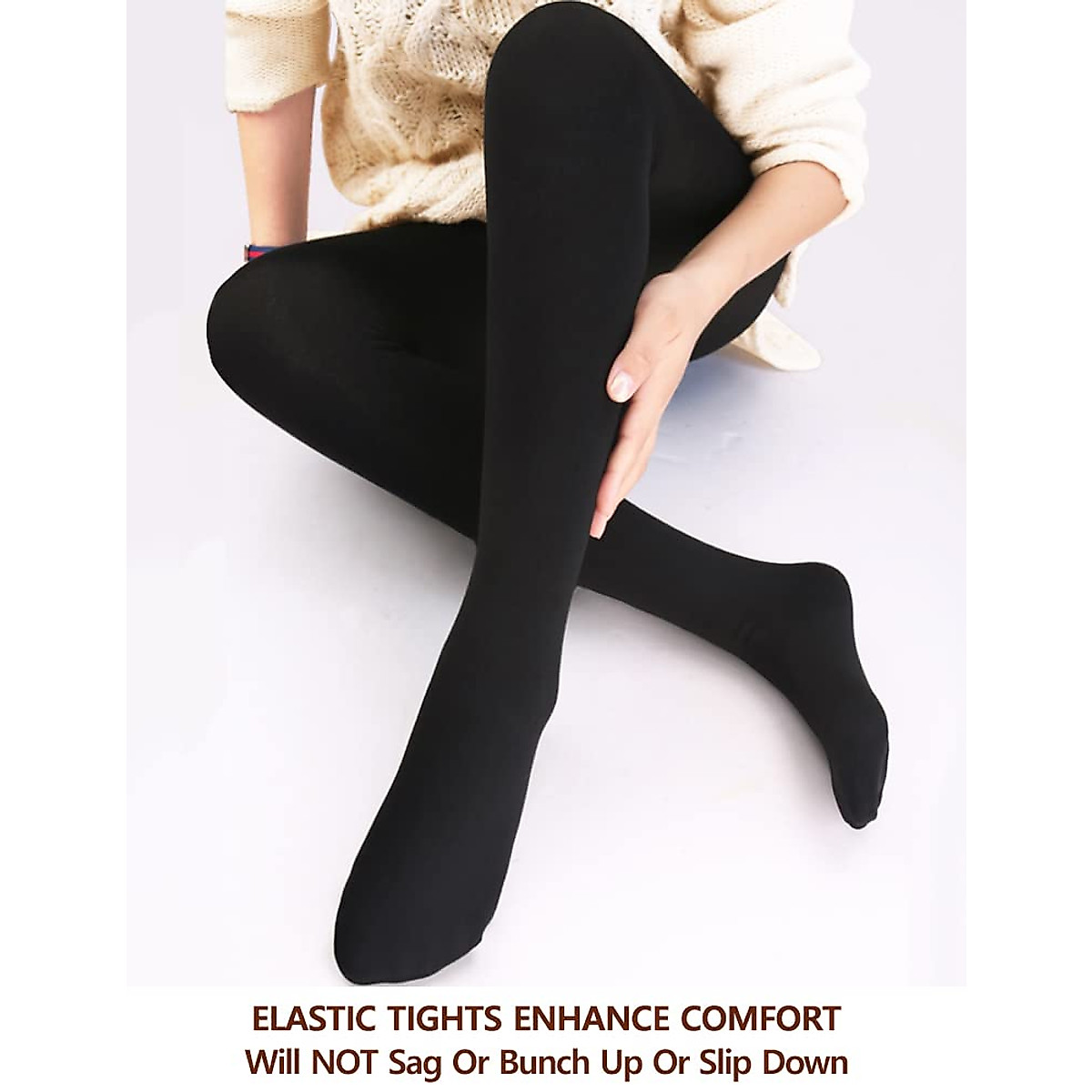 VERO MONTE 1 Pair Womens Opaque Fleece Lined Tights Plus Size Pantyhose (BLACK)