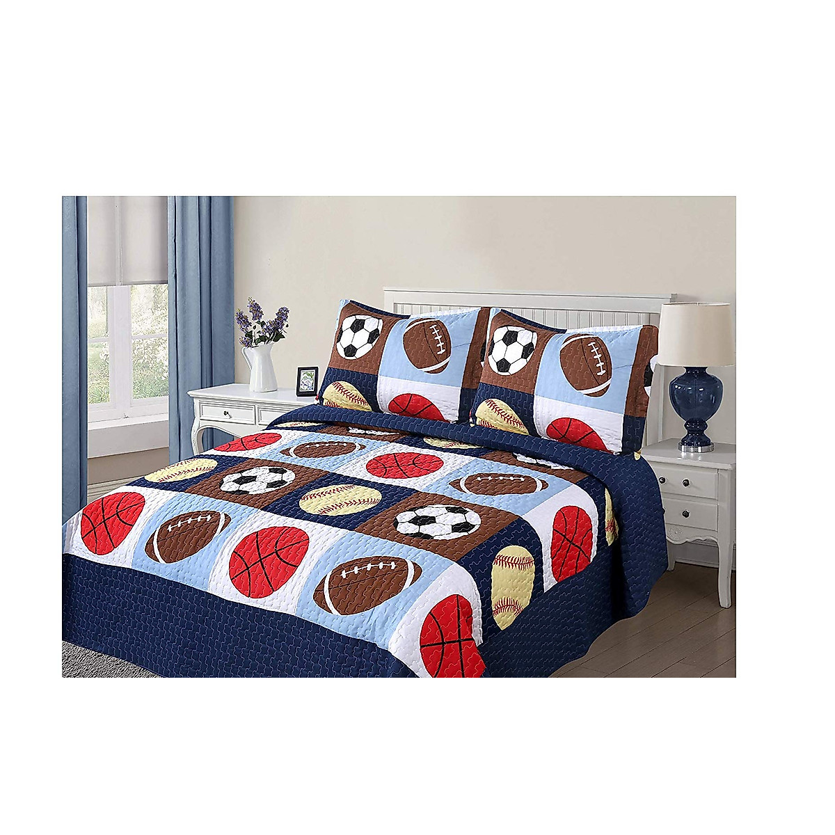Golden Linens 3 pieces Full Size Quilt Bedspread Set Kids Sports Basketball Football Baseball for Boys & Girls (Full)