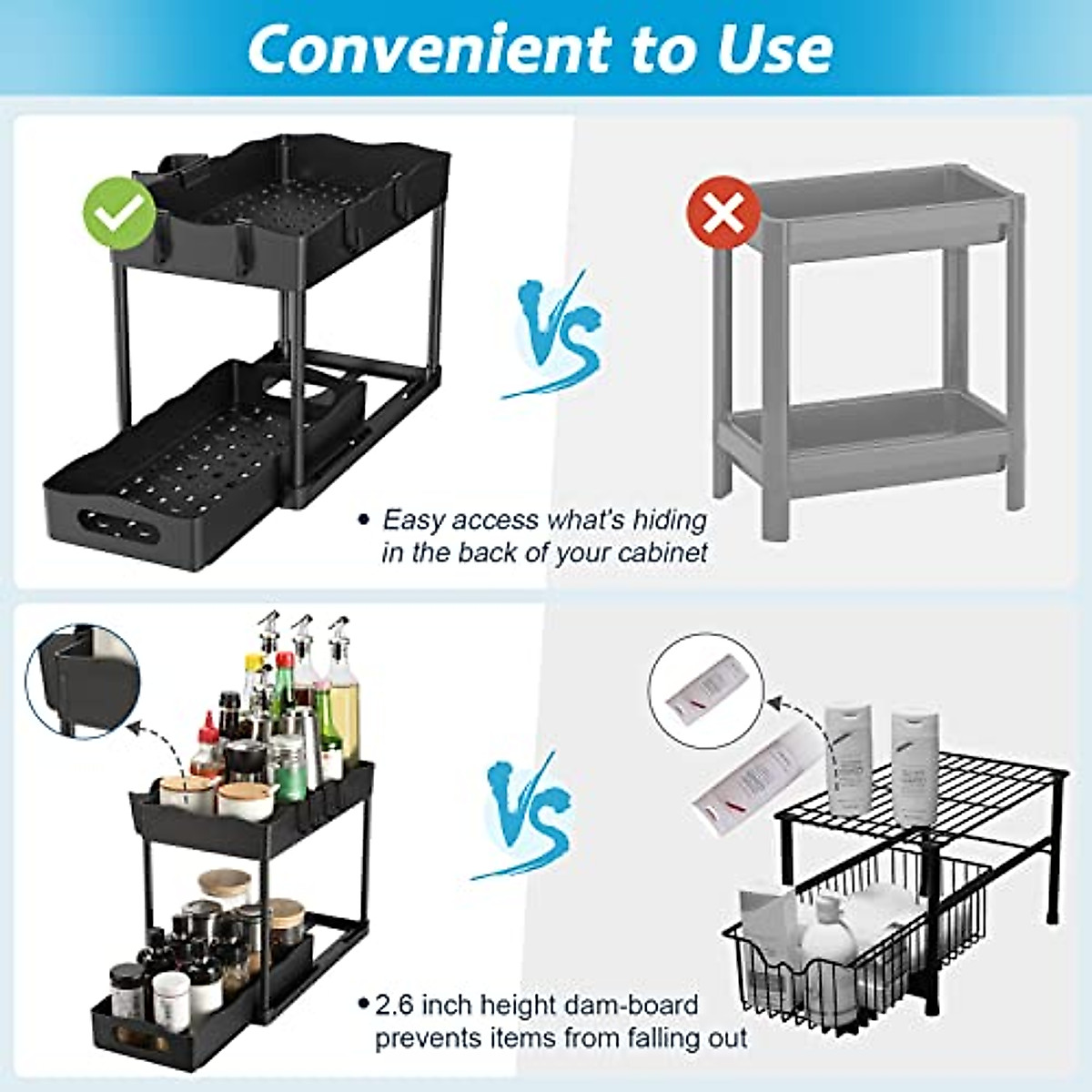 Under Sink Organizer, 2-Tier Sliding Under Sink Organizers and Storage Black, Multi-purpose Under Cabinet Storage for Kitchen Bathroom with Hooks, Hanging Cup, 2 pack