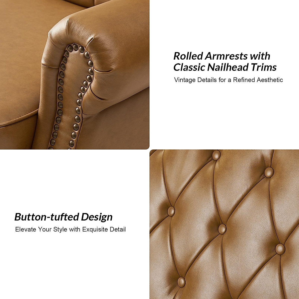 HULALA HOME 74" Leather Couch with Pull Out Bed, Convertible Sofa Bed Couch with Nailhead Arms and Tufted Back, Sleeper Loveseat Sofa for Bedroom Small Spaces, Living Room, Office, Camel