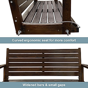 Wooden Porch Swing, Ergonomic Seat, Bench Swing with Hanging Chains and 7mm Springs, Heavy Duty 800 LBS, for Outdoor Patio Garden Yard (Deep Brown, 2-Seater)