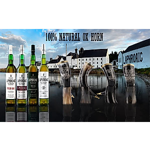 Genuine 12" Ox-Horn Viking Drinking Horn with Horn Stand, Thor Engraved Viking's Drink Cup - Food Safe Medieval Norse Style Horn