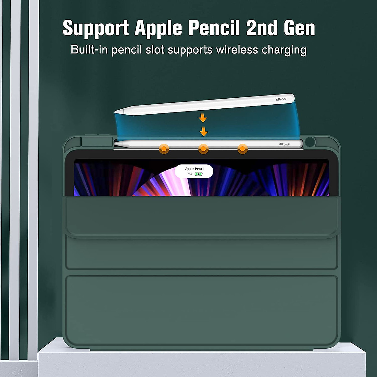 ZryXal New iPad Pro 11 Inch Case 2022(4th Gen)/2021(3rd Gen)/2020(2nd Gen) with Pencil Holder, Smart iPad Case [Support Touch ID and Auto Wake/Sleep] with Auto 2nd Gen Pencil Charging (Midnight Green)