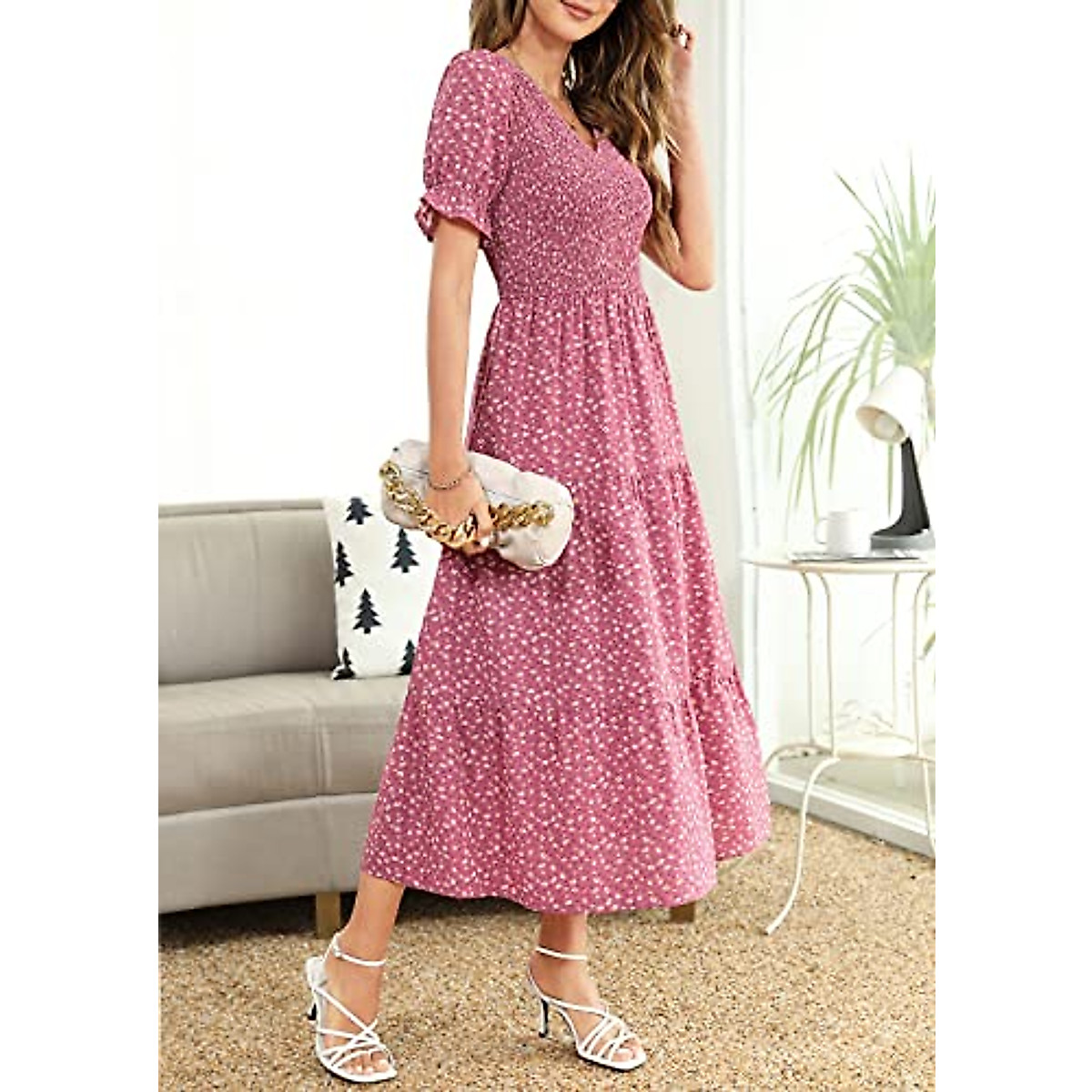 Kranda V Neck Short Puff Sleeve Smocked Ruffle Floral Midi Dress Dusty Rose XS