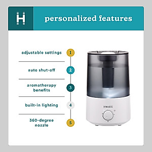 Homedics TotalComfort Ultrasonic Humidifier – Large Air Humidifiers for Bedroom, Plants – Top-Fill 0.85 Gallon Water Tank for 60 Hours of Run Time, Essential Oil Pads, Night-Light, White