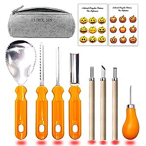 FATHER.SON 8PCS Halloween Pumpkin Carving Tools Kit & 2 LED Candles light & 100 Stencils Ebook & Instructions Packing With Stylish Pen Bags, Jack-O-Lanterns Professional DIY Stainless Steel Set