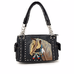 Texas West Western Dales Pony Horse White Mane Embroidery Feather Conceal Carry Women Handbag Purse in 5 colors (Black)