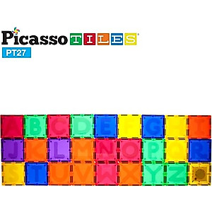 PicassoTiles PT27 Magnetic Building Blocks Alphabet Toy Set Magnet Tiles Construction Toys 3D Clear Color Stacking Block Toy STEM Playboard, Learning by Playing, Creativity Beyond Imagination
