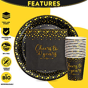 Sparkles Hub 50th Birthday Party Supplies Tableware Serves 24: 9" Paper Plates 7" Plate 9 Oz Cups Napkins Forks Knives Tablecloth 50th Birthday Black & Gold Dot Themed Disposable Dinnerware
