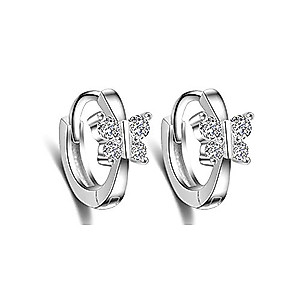 Cute Butterfly Sleeper Small Hoop Earrings Sterling Silver 925 CZ Crystal Huggie Cartilage Tragus Mini Hoops Earring Piecing Dainty Jewelry Gifts for Women Teen Girls (White Gold)