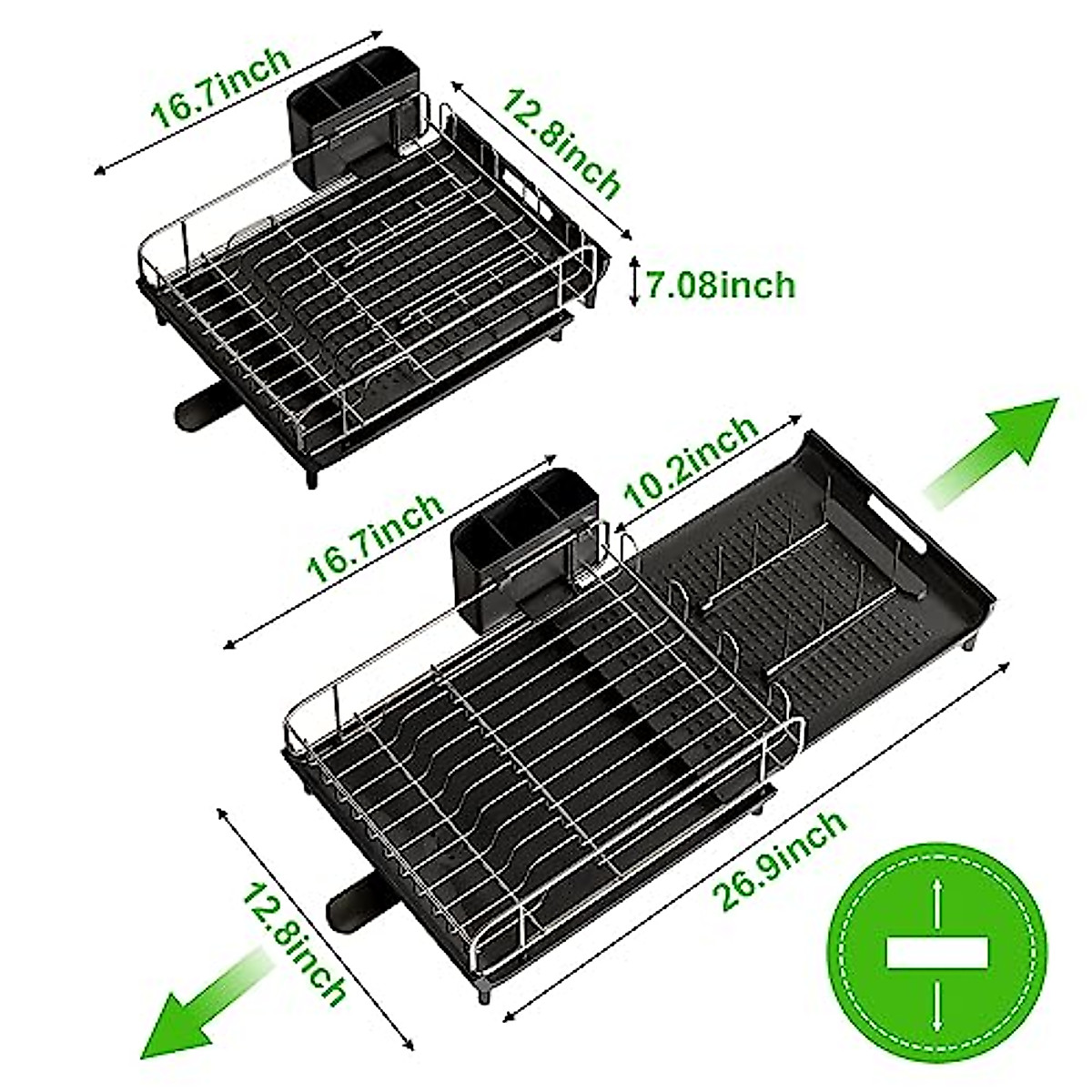 Fixwal Large Dish Drying Rack, Dish Rack for Kitchen Counter, Expandable Stainless Steel Dish Drainers, Kitchen Gadgets with Utensil Holder & Drainboard for Various Kitchenware