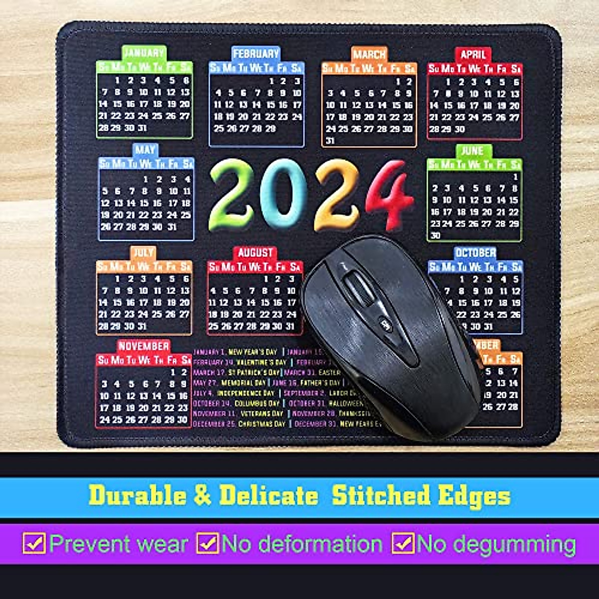 Mouse Pad with Stitched Edge, Computer Mouse Pad with Non-Slip Rubber Base, Mouse Pads for Computers Laptop Mouse 9.6x7.9x0.1 inch (2024 Calendar Black)