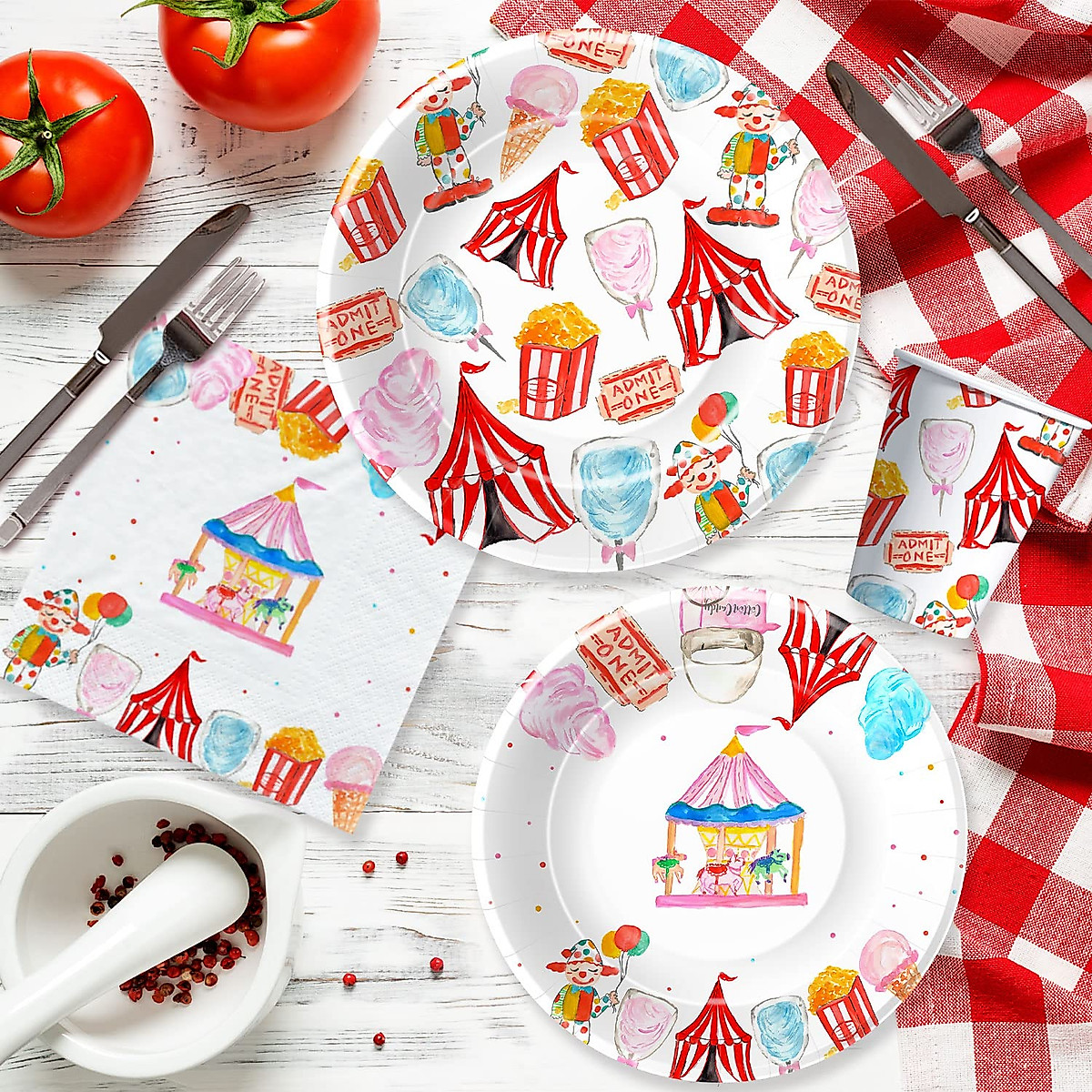 HIPVVILD Circus Theme Party Decorations Tableware, Carnival Party Supplies, Plate, Cup, Napkin, Tablecloth, Cutlery, Straw, Circus Carnival Theme Party Decorations For Birthday Baby Shower | Serve 24