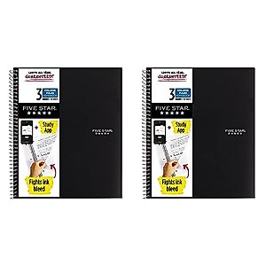 Five Star Spiral Notebook + Study App, 3 Subject, College Ruled Paper, Fights Ink Bleed, Water Resistant Cover, 8-1/2" x 11", 150 Sheets, Black (72069) (Pack of 2)