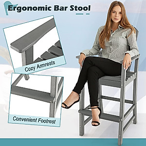 Giantex Outdoor HDPE Bar Stool, Tall Adirondack Chair with Armrests and Footrest, 30 Inches Counter Height Bar Stool for Garden, Backyard, Weather Resistance, Easy Maintenance (2, Gray)